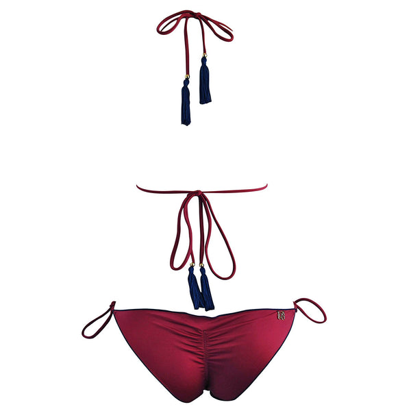 Red Ripple Triangle String Bikini with Navy Tassels - Zuzu Swim - B...